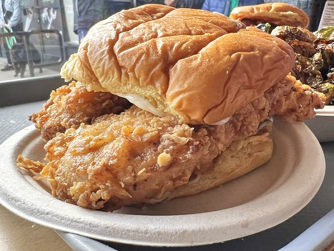 This fried chicken sandwich isn't just crispy—it's audibly crunchy, with a golden exterior that should be in the Texture Hall of Fame.