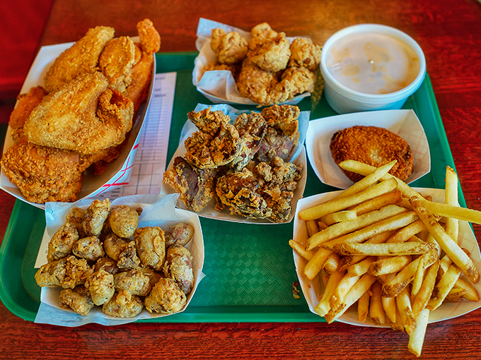 This tray is basically a greatest hits album of comfort food classics—starring pieces of chicken that have achieved the perfect golden-brown graduation gown.