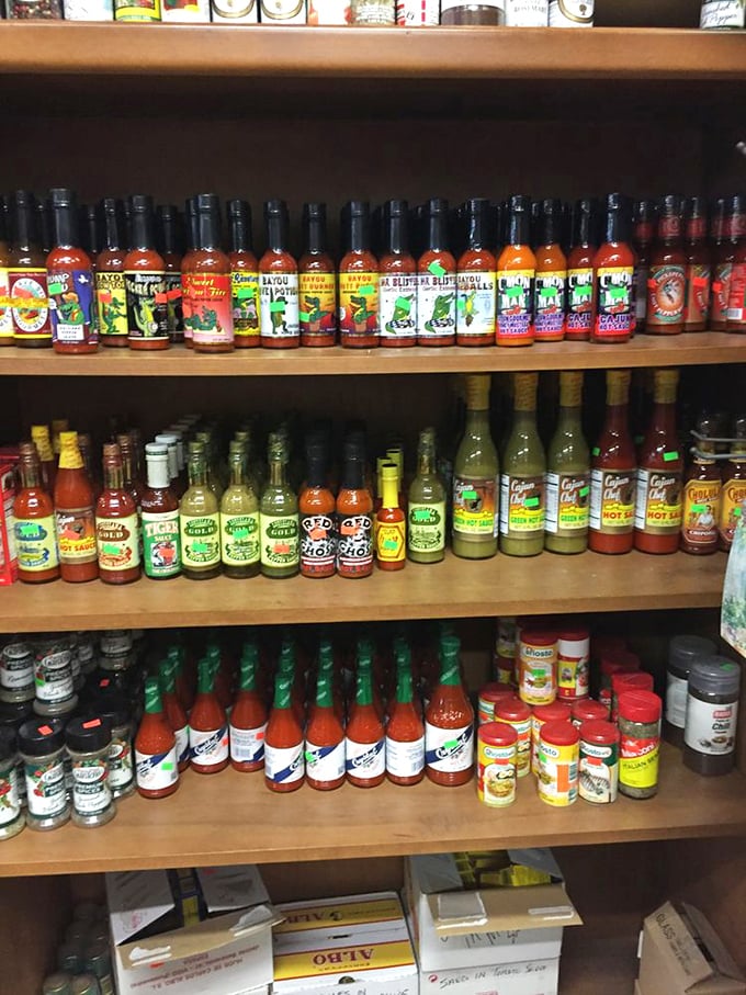 The hot sauce collection isn't for the sandwich—that's perfect as is—but speaks to the grocery's roots as a neighborhood Italian market serving every need.