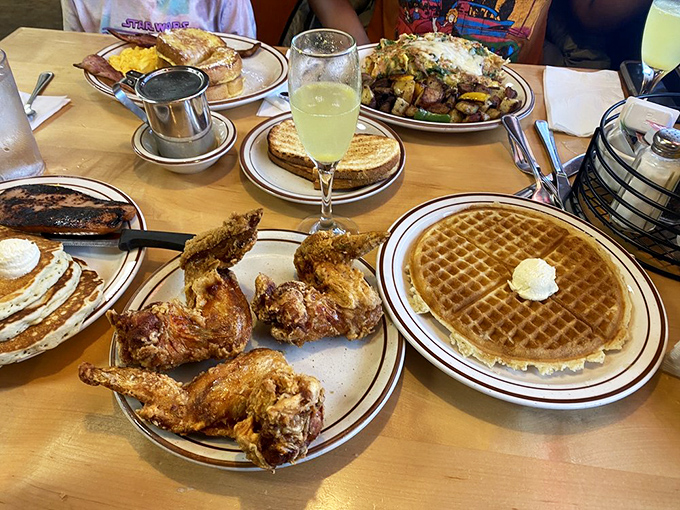 Hot cakes, eggs, and hash browns—the holy trinity of breakfast executed with the precision of a culinary love letter to morning hunger. 