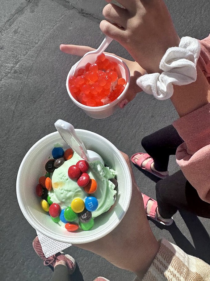 Boba pearls meet strawberry ice cream while M&Ms crown mint chip—proving that sometimes the best dessert innovations come from playful experimentation.
