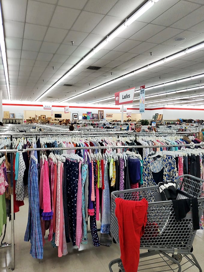 The clothing section requires strategy, stamina, and the willingness to try on something you'd never consider at full price. That's where the magic happens.
