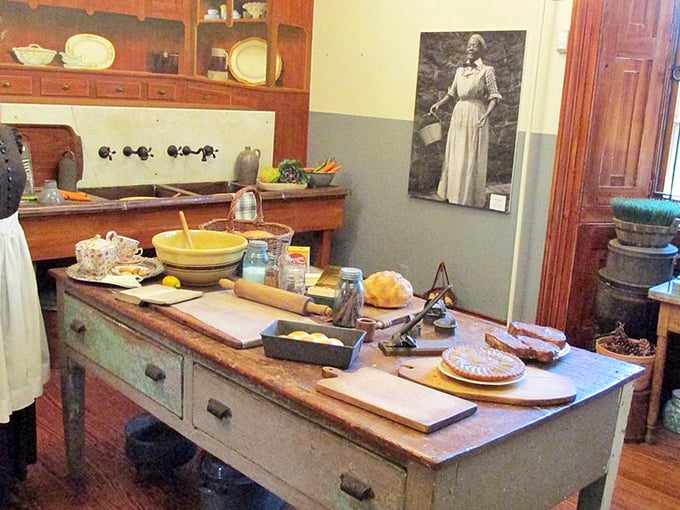 This working kitchen tableau makes your modern meal prep look suspiciously easy. No food processor in sight, just honest tools and elbow grease – the original farm-to-table setup.