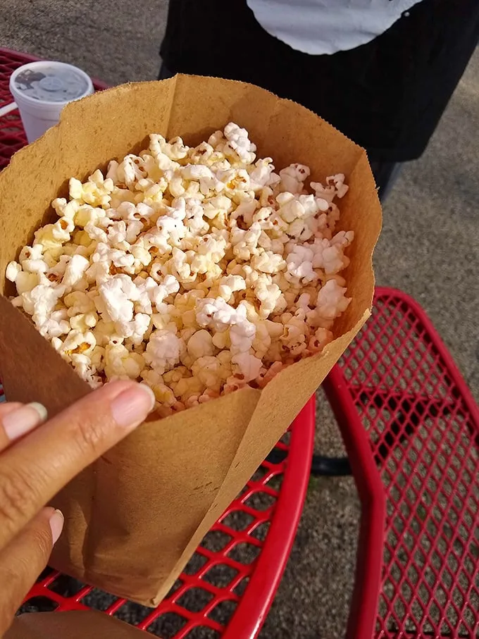Popcorn in a paper cone—proof that sometimes the simplest pleasures require nothing more than butter and nostalgia.
