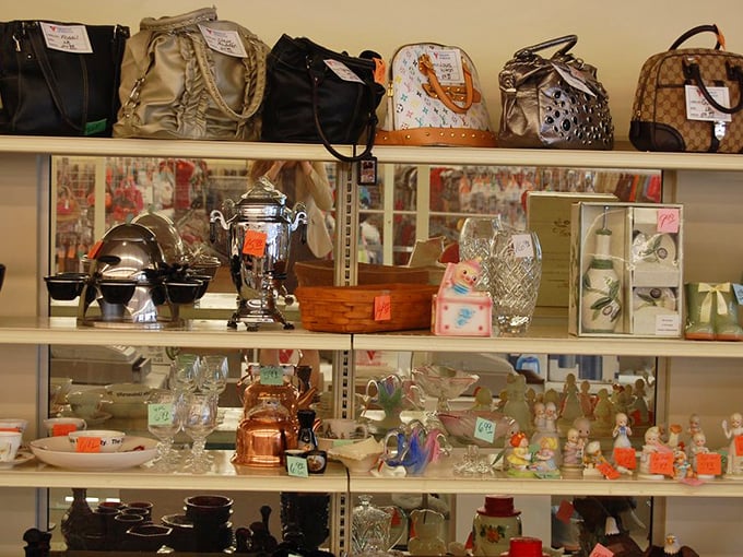 Curated chaos at its finest—where silver tea sets and vintage handbags create a museum of American domestic life.