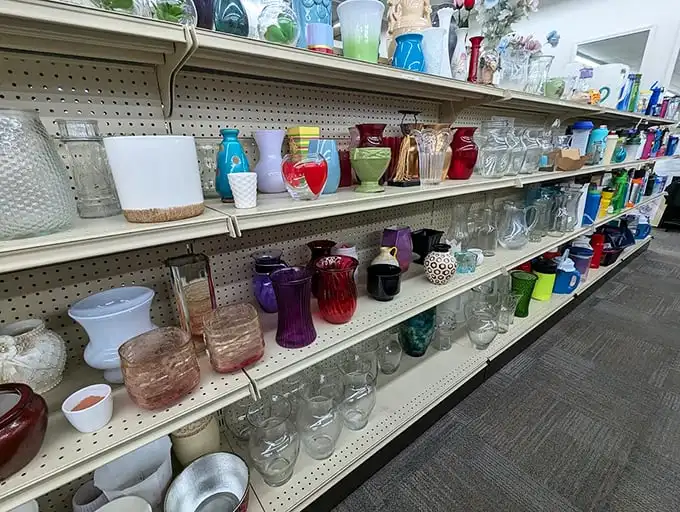 A rainbow of vases waiting to hold your farmer's market flowers or stand alone as colorful decor statements.