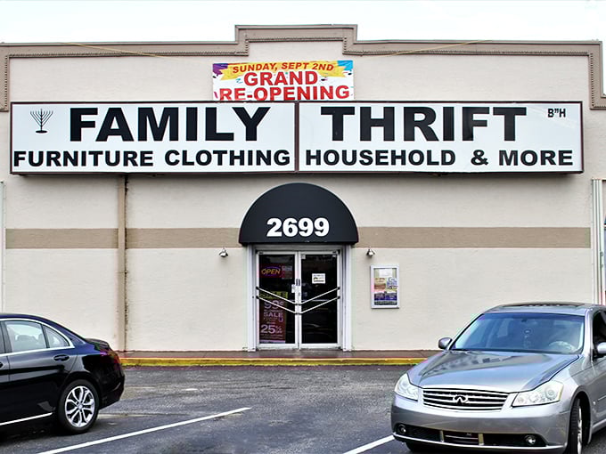 Family Thrift's grand reopening sign hints at the refreshed bargain hunting experience within.
