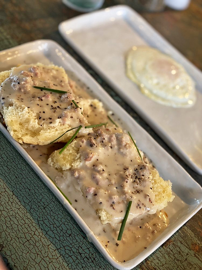 Biscuits swimming in sausage gravy—the breakfast equivalent of a warm hug that says "Don't worry about that diet today, sweetheart."