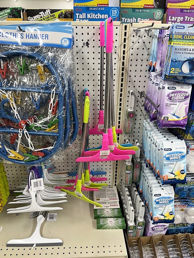 The cleaning tool aisle—where adulting dreams come true. Those neon-handled squeegees and mops might actually make household chores feel less like punishment.