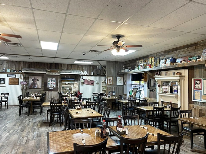 The dining area balances rustic charm with comfortable practicality – wooden tables that have hosted countless conversations and satisfied appetites.