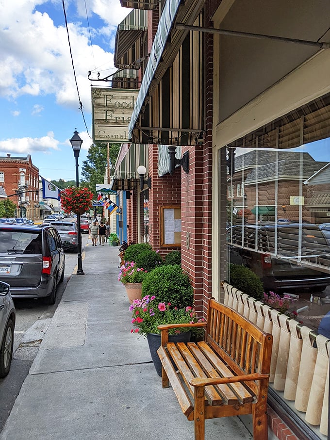 Food & Friends' storefront captures Lewisburg's essence: historic charm outside, comfort food magic inside, and a bench for post-meal contemplation.