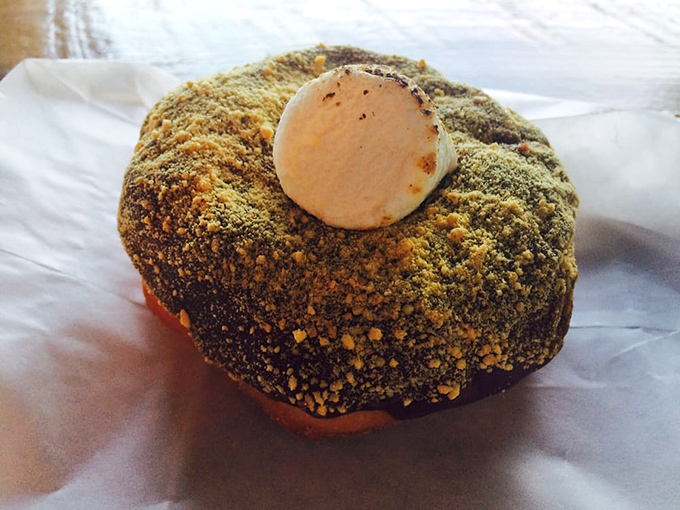 The s'more donut brings campfire nostalgia without the mosquitoes—graham cracker crumbs and marshmallow creating childhood memories with adult-level execution.
