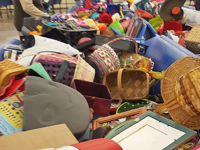 Baskets brimming with potential—where else might you find vintage cookware nestled next to that board game your family played in 1992?