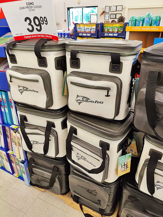 Coho coolers stacked like treasure chests at $39.99 each. Perfect for keeping your craft beers cold during those epic Mount Hood camping trips.