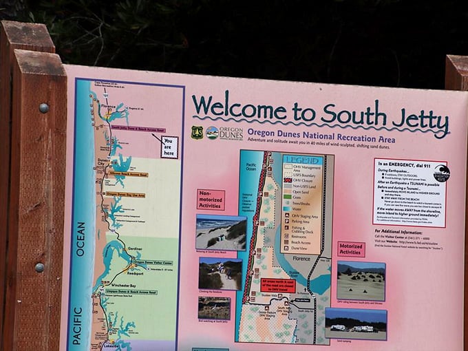 The trailhead sign serves as your portal to coastal magic—where Oregon's forest meets sea in perfect harmony. 