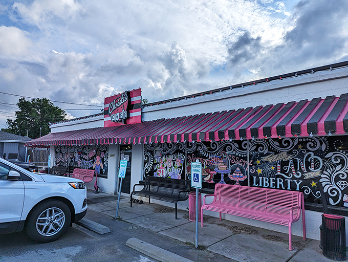 Christi's Cafe: Those bold pink and black stripes aren't just decoration—they're a warning that the food inside doesn't play it safe either.