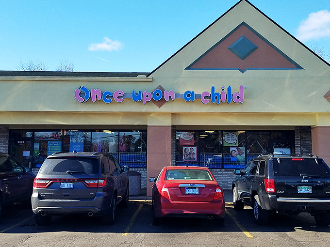 Once Upon A Child's playful storefront is like a storybook opening to a land where kids' stuff gets second chances.