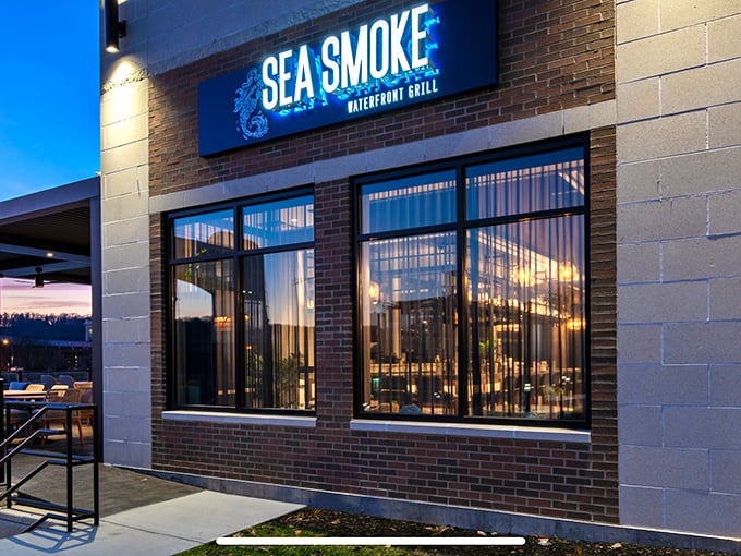 Sea Smoke's sleek exterior brings modern flair to ancient seafood traditions – where atmosphere meets fresh catch.