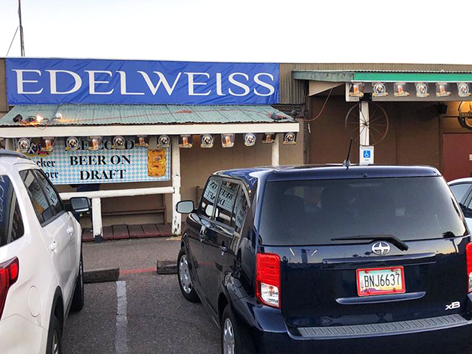 The unassuming exterior of Edelweiss Biergarten might make you wonder if your GPS has a sense of humor, but trust me—culinary treasures await within.