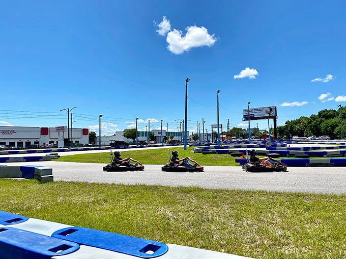 The thrill of the chase! Pro Karting Experience's outdoor track combines Florida sunshine with the perfect blend of straightaways and challenging turns.