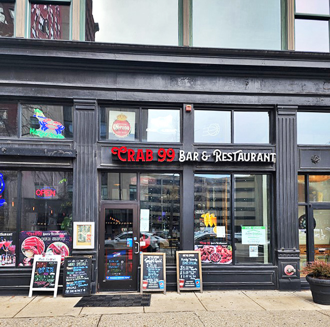 The historic brick façade of Crab 99 Bar & Restaurant stands proudly in downtown Indianapolis, proving great seafood can indeed thrive in landlocked territory.