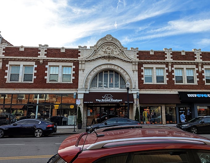 The grand architectural façade of The Brown Elephant stands proudly on Clark Street, like a palace dedicated to the art of secondhand treasures. 