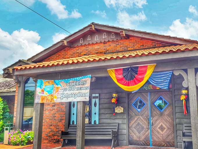 The Bavarian-style exterior of Schnitzelbank isn't just architectural flair—it's your first clue that authentic German goodness awaits inside. The clock tower practically screams "time for pretzels!"