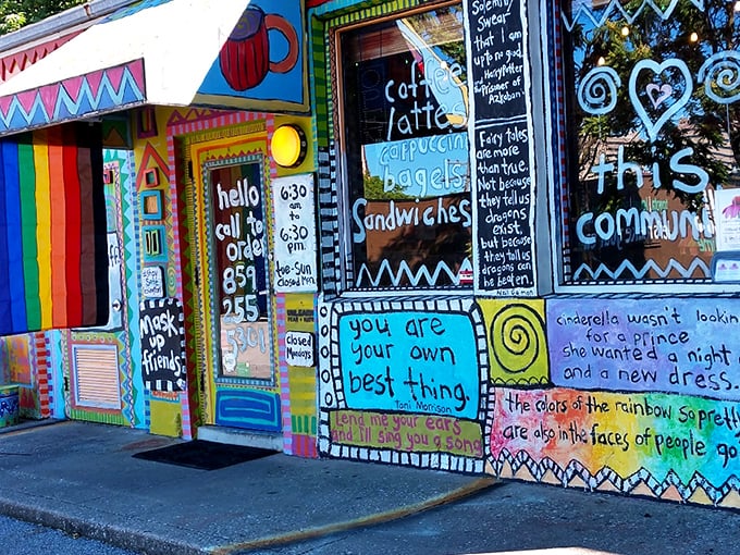 The facade of Third Street Stuff is like a children's book illustrator went wild after drinking too much of their own coffee. Pure joy in architectural form.