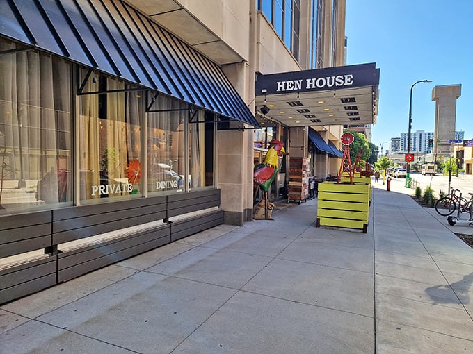 The blue awning of Hen House beckons like a breakfast lighthouse in downtown Minneapolis, promising morning salvation for hungry city dwellers.
