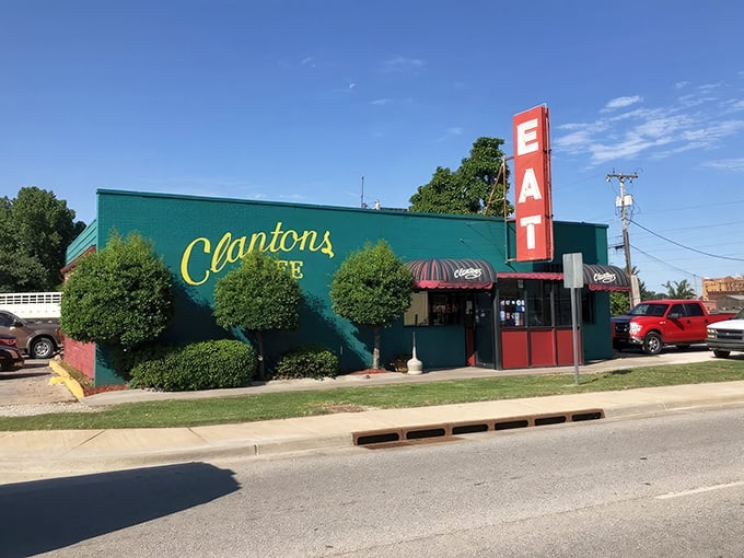 The turquoise and red exterior of Clanton's stands out like a beacon on Route 66, promising comfort food salvation to weary travelers.