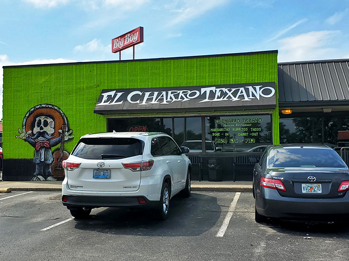 The lime-green exterior of El Charro Texano isn't just eye-catching—it's practically a landmark. These vibrant murals tell you immediately: this isn't your average taco joint.