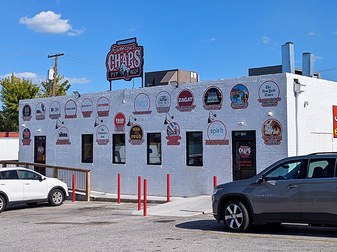 The wall of fame doesn't lie. Chaps Pit Beef's exterior showcases its culinary credentials like a barbecue hall of fame inductee.