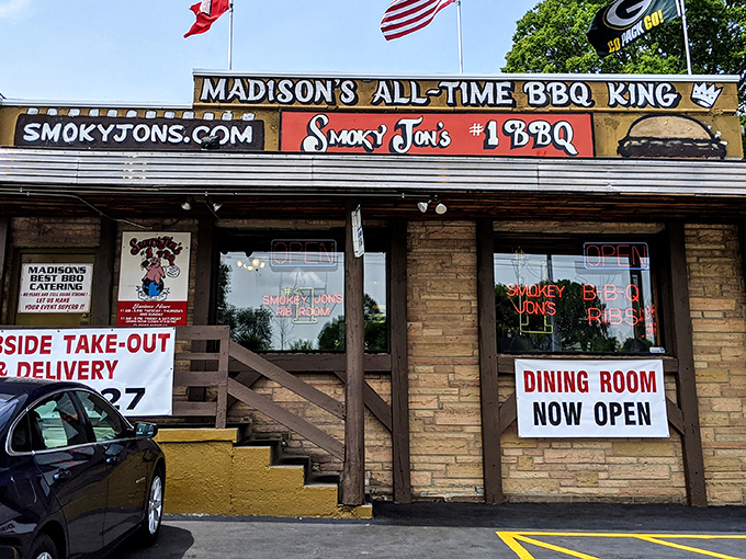 "Madison's All-Time BBQ King" isn't just bragging—it's a promise carved in smoke and sealed with sauce. The humble exterior belies the flavor explosion waiting inside.