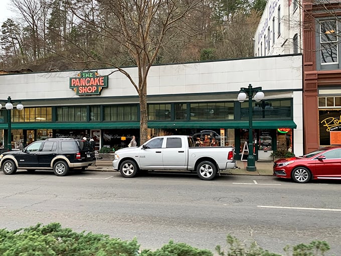 The iconic green awning of The Pancake Shop stands as Hot Springs' breakfast beacon, promising pancake paradise to early risers and brunch hunters alike.