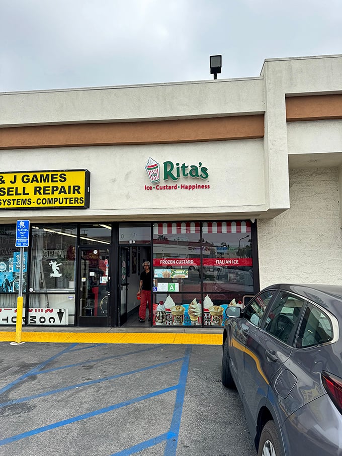 Rita's welcoming storefront promises "Ice, Custard, Happiness" – three simple words that might be the most honest advertising in Los Angeles.
