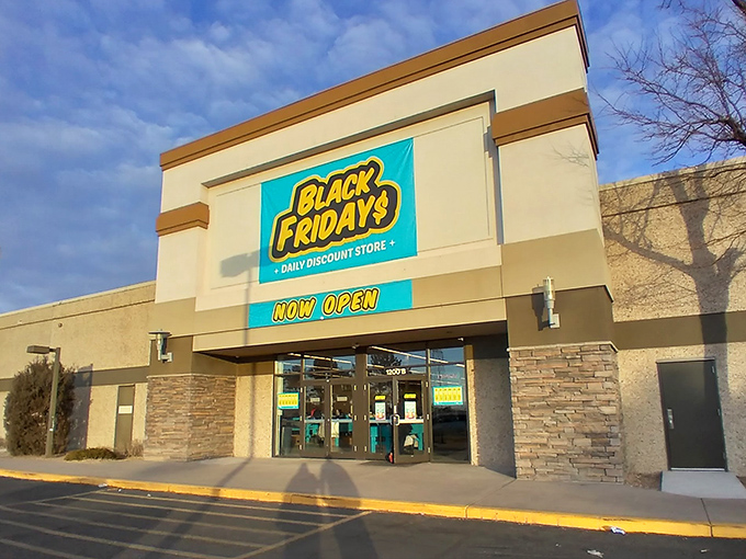 The bright yellow sign of Black Fridays beckons like a retail lighthouse, promising treasure hunters daily discounts in Aurora's shopping seascape.