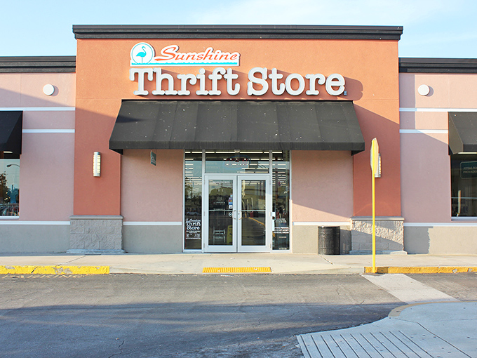 The coral-colored facade with its iconic flamingo logo promises treasure hunting adventures within. Florida thrifting at its most inviting! 
