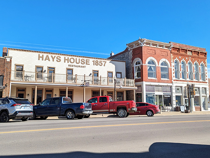 The historic façade of Hays House 1857 stands proudly in Council Grove, a time capsule of frontier hospitality that's witnessed more than a century and a half of American history.