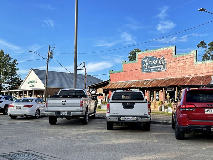 The vibrant red and green facade of C.J.'s isn't just eye-catching—it's practically shouting "treasures inside!" to everyone driving through Ponchatoula.