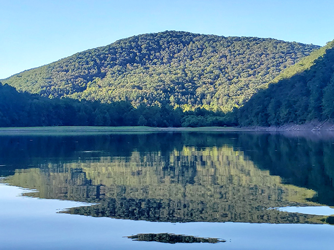 The Savage River Reservoir sparkles like nature's disco ball, surrounded by Maryland's western mountains in a scene worthy of a national park brochure.