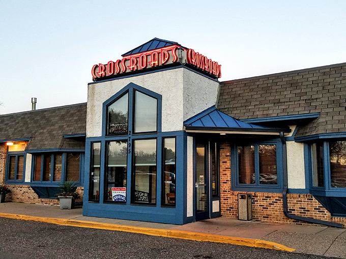 The blue-trimmed exterior of Crossroads Delicatessen stands like a beacon of comfort food in Minnetonka. No wonder locals line up on Mother's Day!