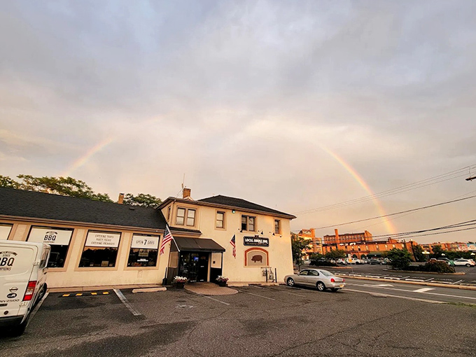 Mother Nature herself endorses this barbecue joint with a perfect rainbow – the pot of gold is definitely inside.