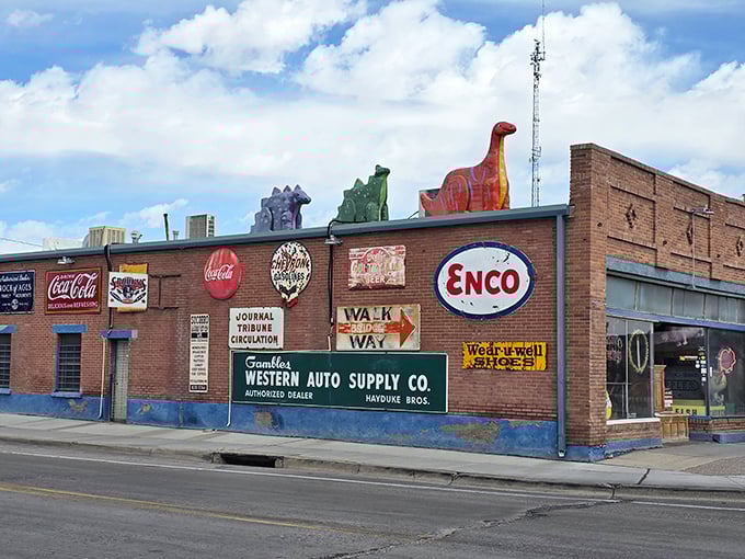 Roadside Americana at its finest! Vintage signs and colorful dinosaurs announce that this isn't your average small-town eatery—it's a full-blown experience.