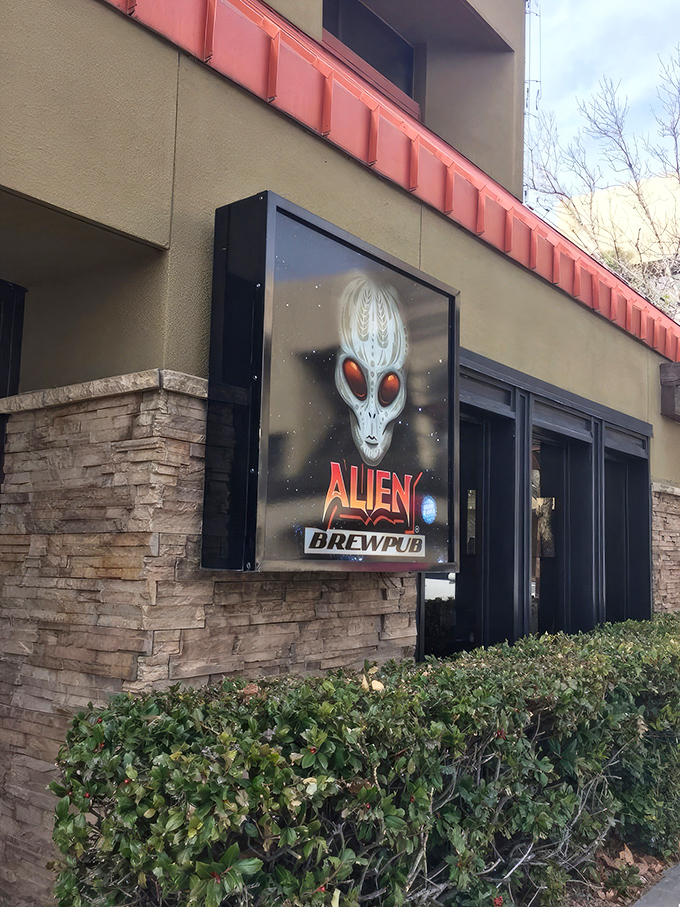 That face says it all – Alien Brewpub's striking exterior sign welcomes earthlings and possible extraterrestrials alike to this uniquely themed Albuquerque hotspot.