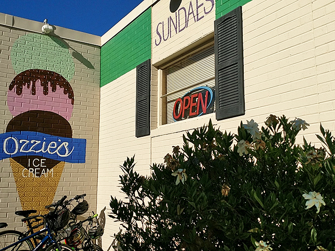 The brilliant blue sign of Ozzie's against white brick is like a beacon for ice cream lovers—simplicity that promises sweet perfection inside.