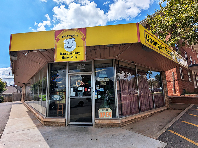 That bright yellow awning isn't just a color choice—it's a beacon of barbecue hope on the Oklahoma City horizon. No fancy frills needed when the smoke speaks for itself.