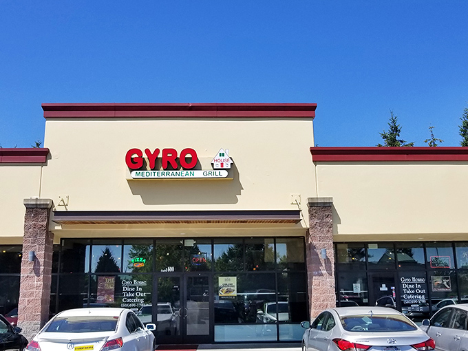 The unassuming storefront of Gyro House Mediterranean Grill stands like a beacon of flavor in Beaverton's retail landscape. Mediterranean magic awaits inside.