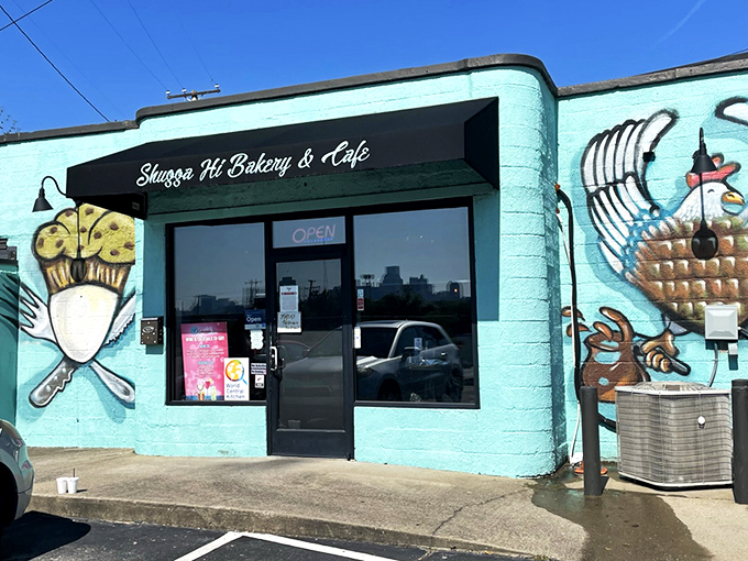 The turquoise beacon of breakfast bliss stands out like a dessert oasis in Nashville. "Dessert First Please!" isn't just wall art—it's a life philosophy.