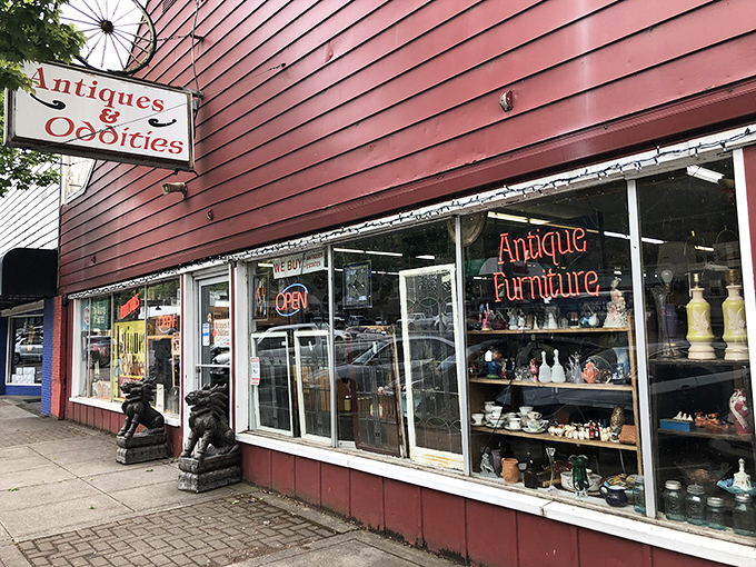 The wagon wheel above the storefront isn't just decoration—it's a time machine invitation to step back into a world where treasures await.