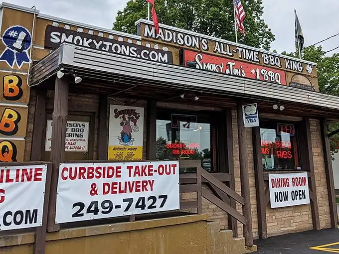 "Madison's All-Time BBQ King" isn't just bragging—it's a promise carved in smoke and sealed with sauce. The humble exterior belies the flavor explosion waiting inside.